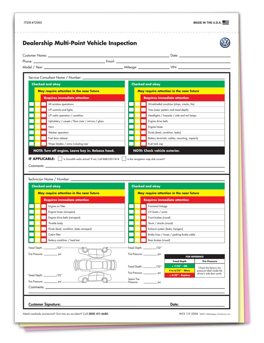 VW Multi-Point Vehicle Checkup - 3 Part - Qty. 250 – Tucker Industries
