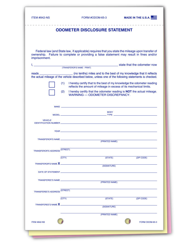 Odometer Disclosure Statement - ODOM-65-3 - 3 Part - No Screen - Qty ...
